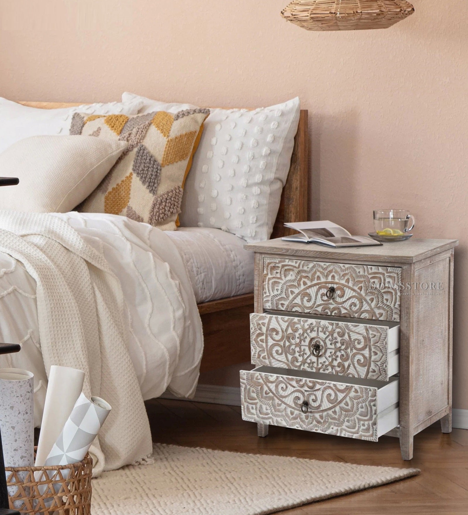 Distressed Solid wood HandCarved Bedside Table for Bed | D'DASS Store
