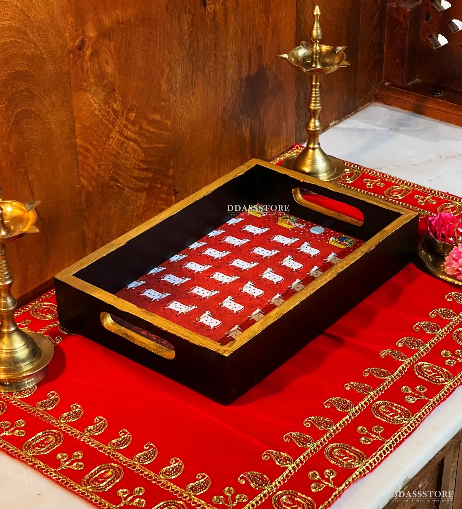 Cow Wooden Pooja Tray & Thali for Home Temple