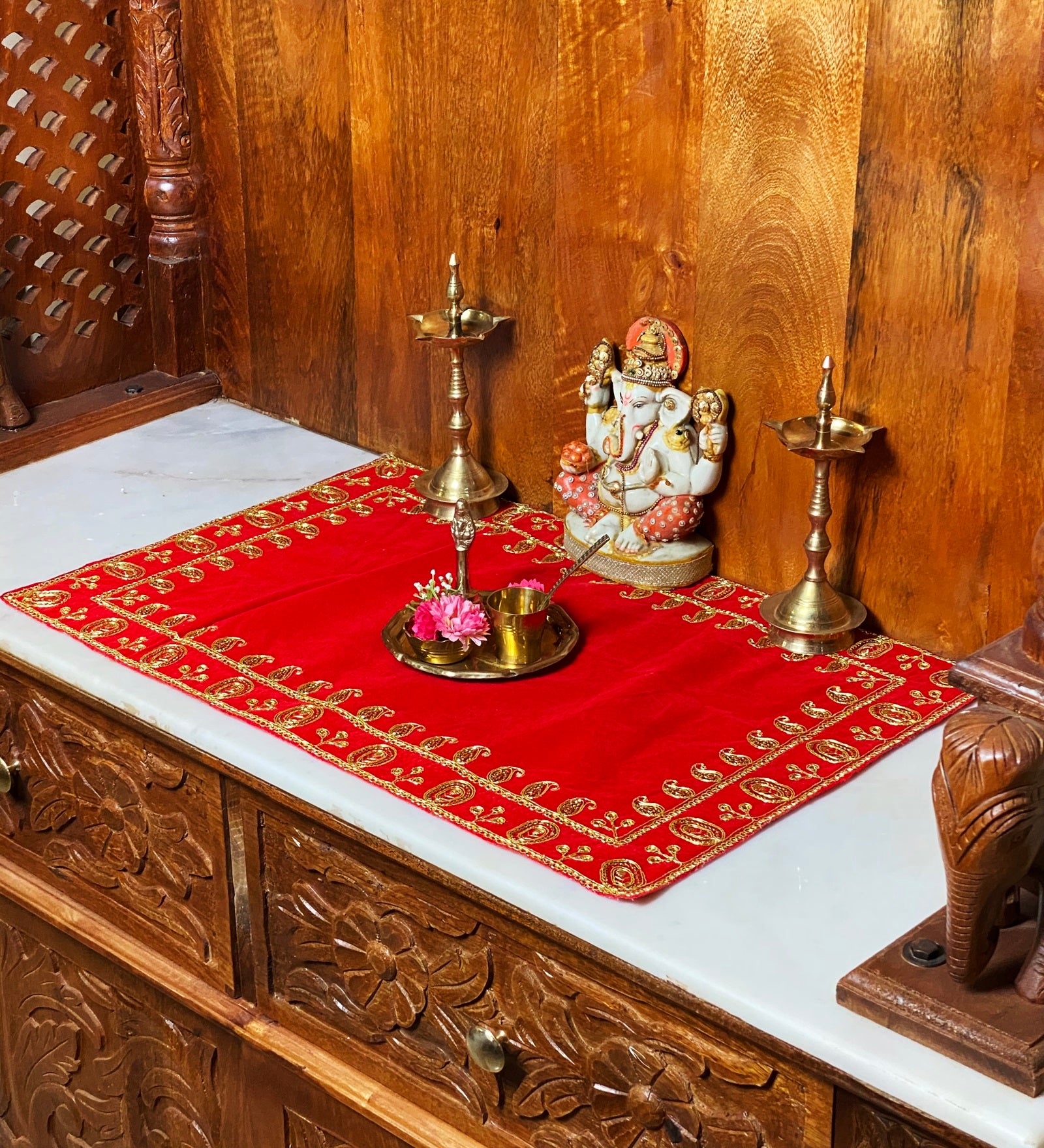 Handmade Red Velvet Puja Aasan | Puja Altar Cloth / Chowki Aasan ...