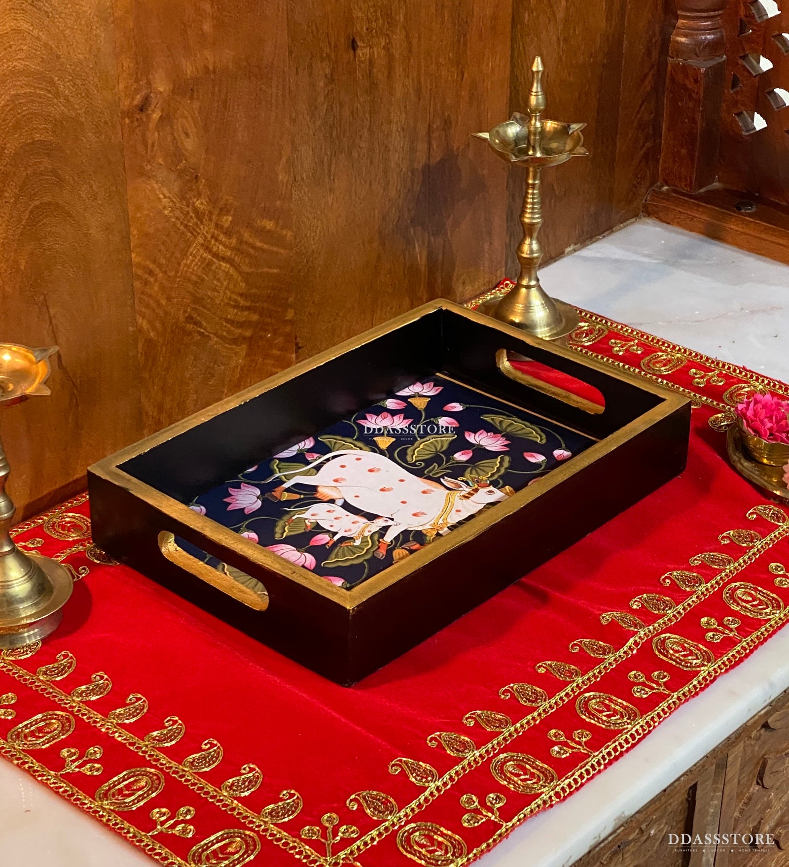 Lotus Kamdhenu Wooden Pooja Tray & Thali for Home Temple | D'DASS Store