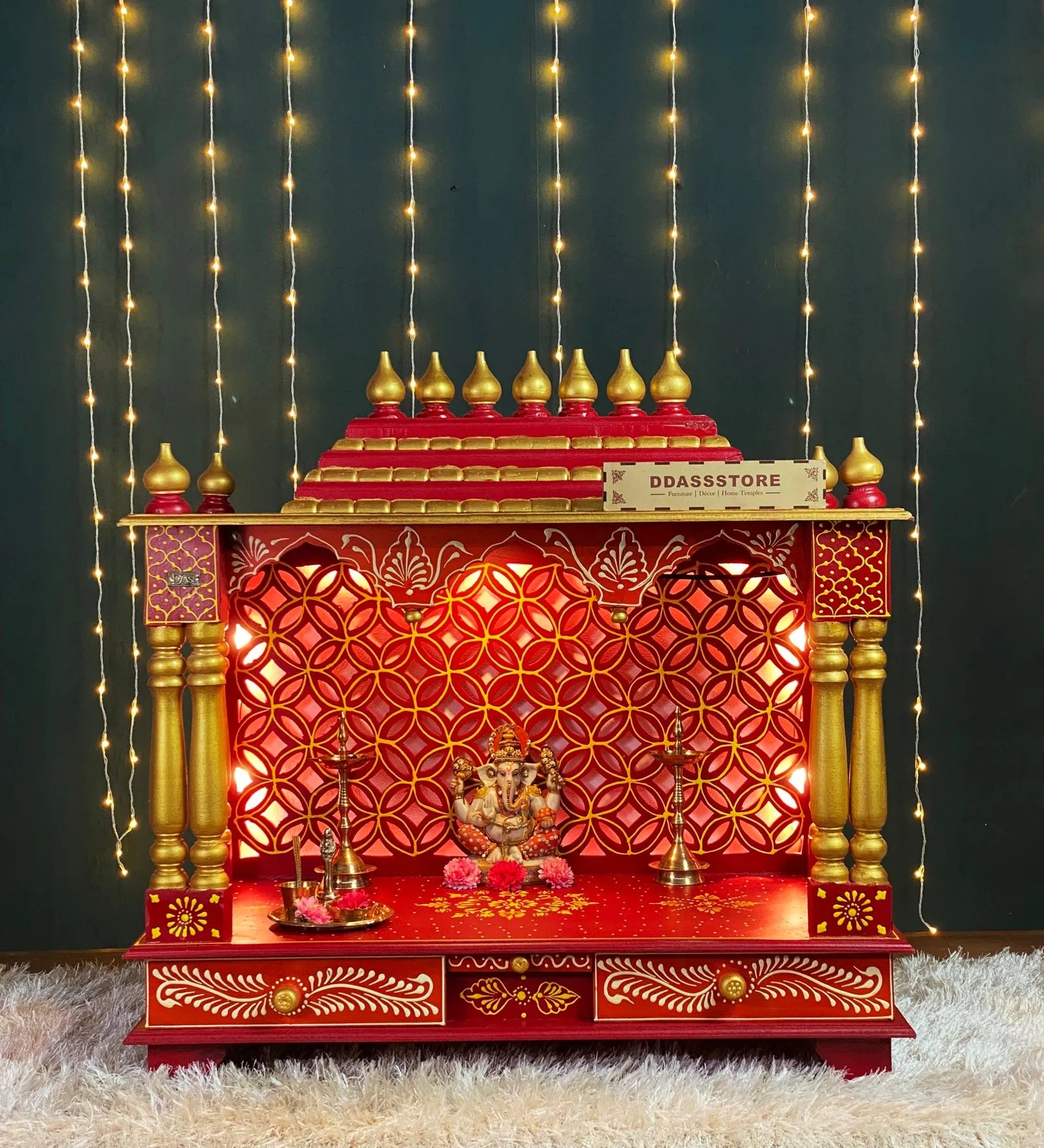 Buy RED Hand Painted Big Wooden LED Pooja Mandir Online in India