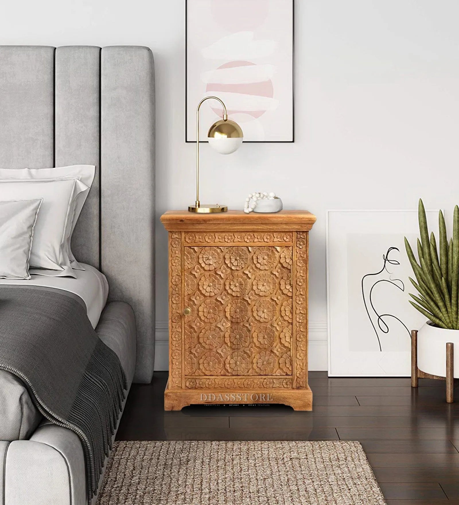 Buy Distressed Solid wood HandCarved Bedside Table for Bed Online at ...